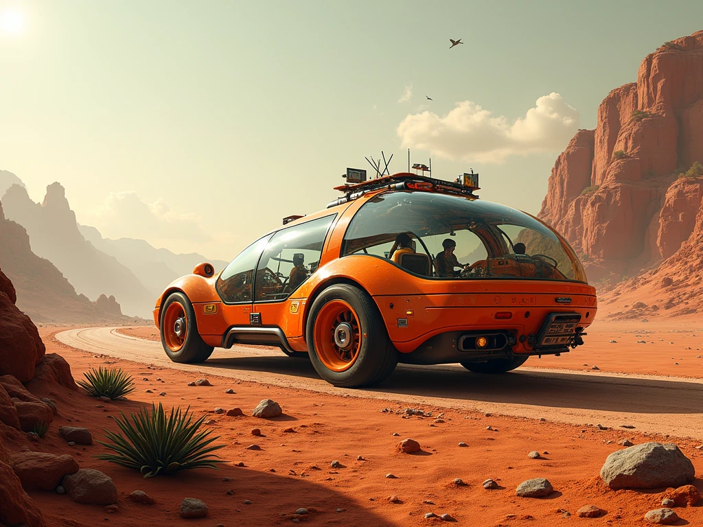 Create a colourful car on mars with the ecosystem and the things of ...