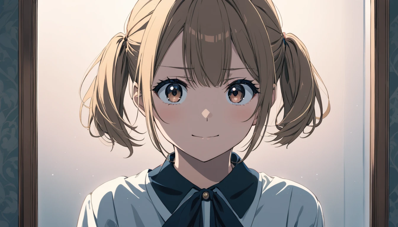 "An anime-style illustration of a young woman giving a very forced ...