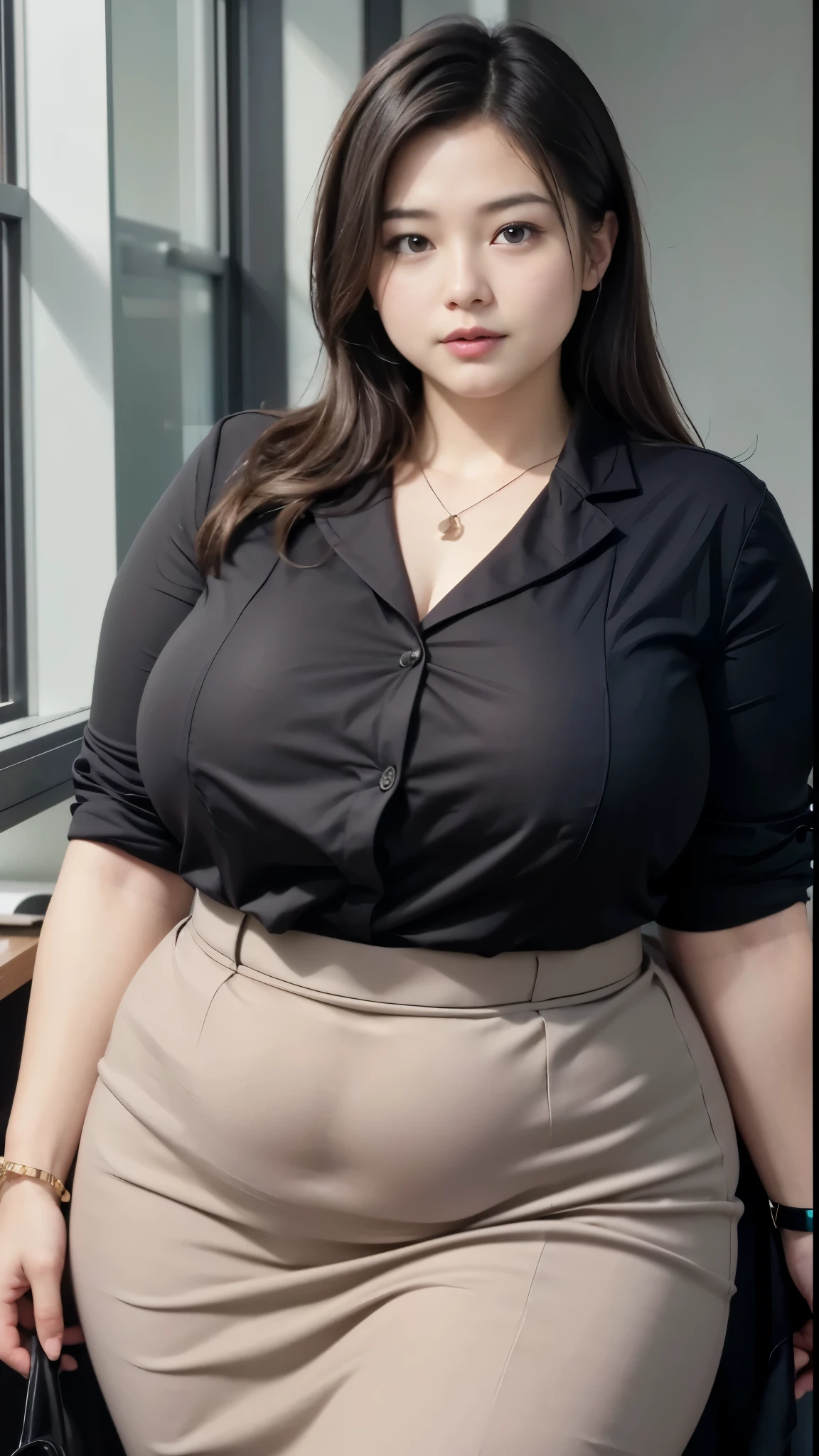 Arafed woman in a black shirt and tan skirt posing for a picture - SeaArt AI