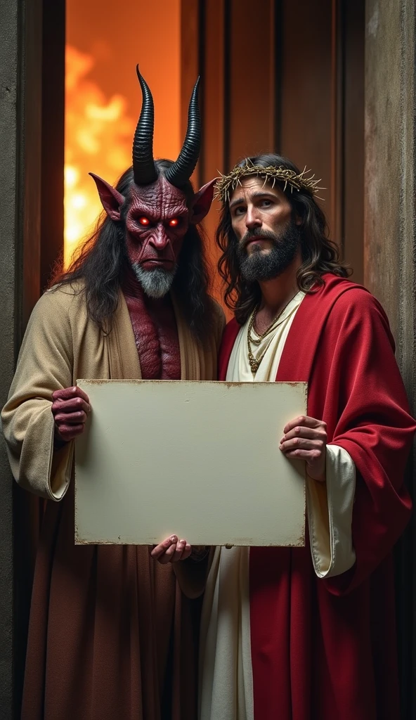 A dramatic scene with Jesus Christ and the Devil at the door of a house ...