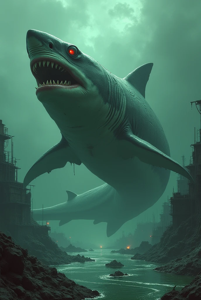 An apocalyptic nuclear radiated shark with extreme mutations - SeaArt AI