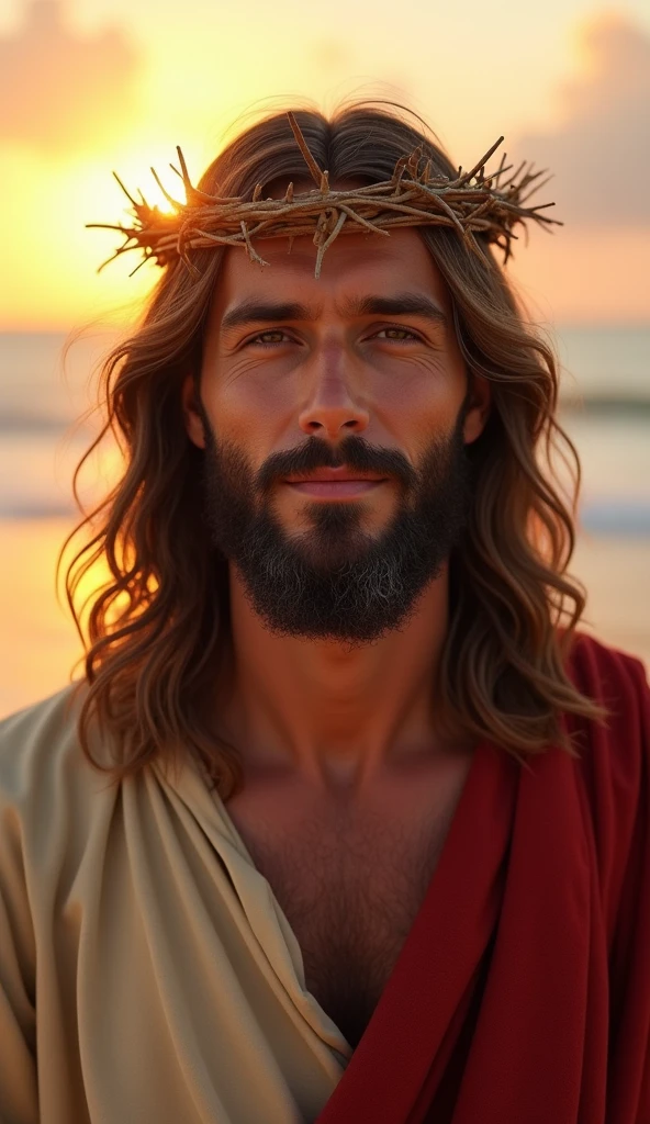 A hyper-realistic and luminous depiction of Jesus Christ. He has long ...