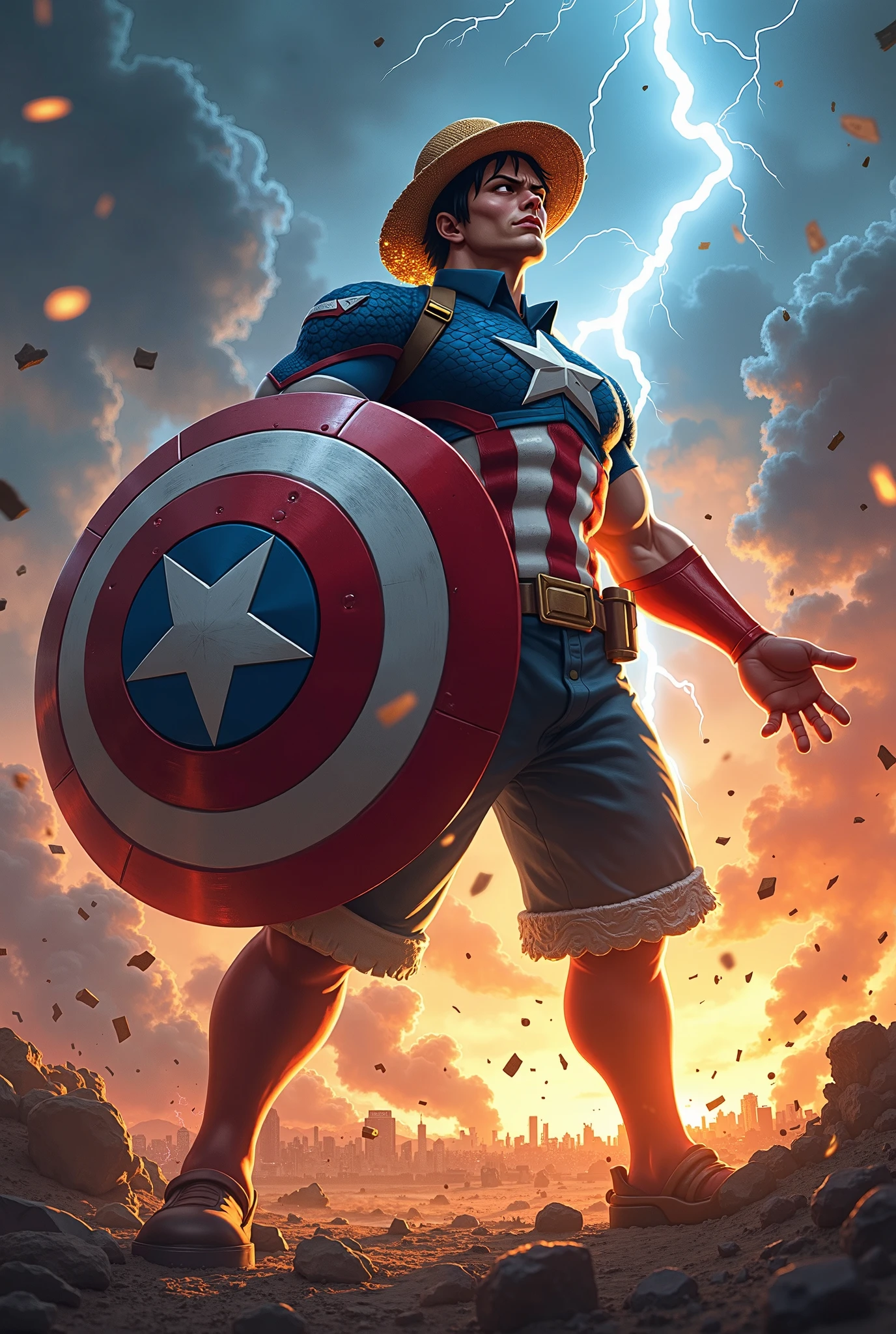 Captain america standing in front of a lightning storm with a shield ...