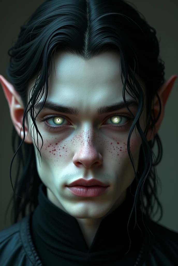 White eyes, black hair, beautiful, man, pale skin, freckles, pointed ...