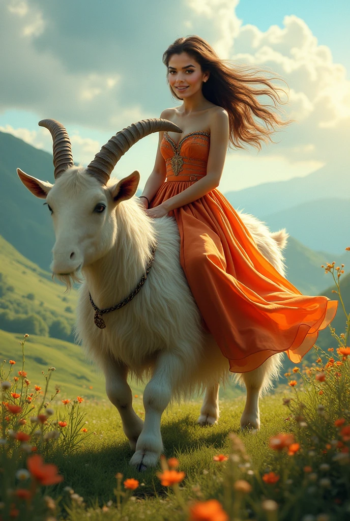 A woman rides a goat and is fully clothed - SeaArt AI