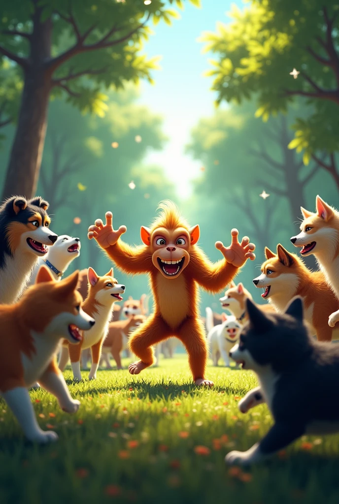 Create a YouTube thumbnail which a monkey in Forest fight with dogs and ...