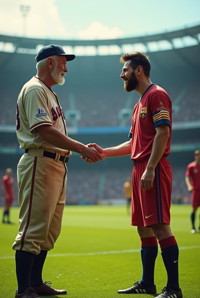 Make an old ball player congratulate Messi - SeaArt AI