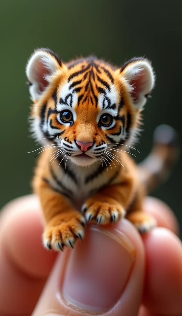 A hyper-realistic, miniature baby tiger delicately resting on the tip ...