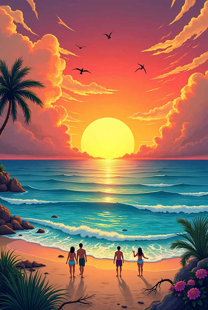 A wonderful sunrise by the sea all in comic style - SeaArt AI