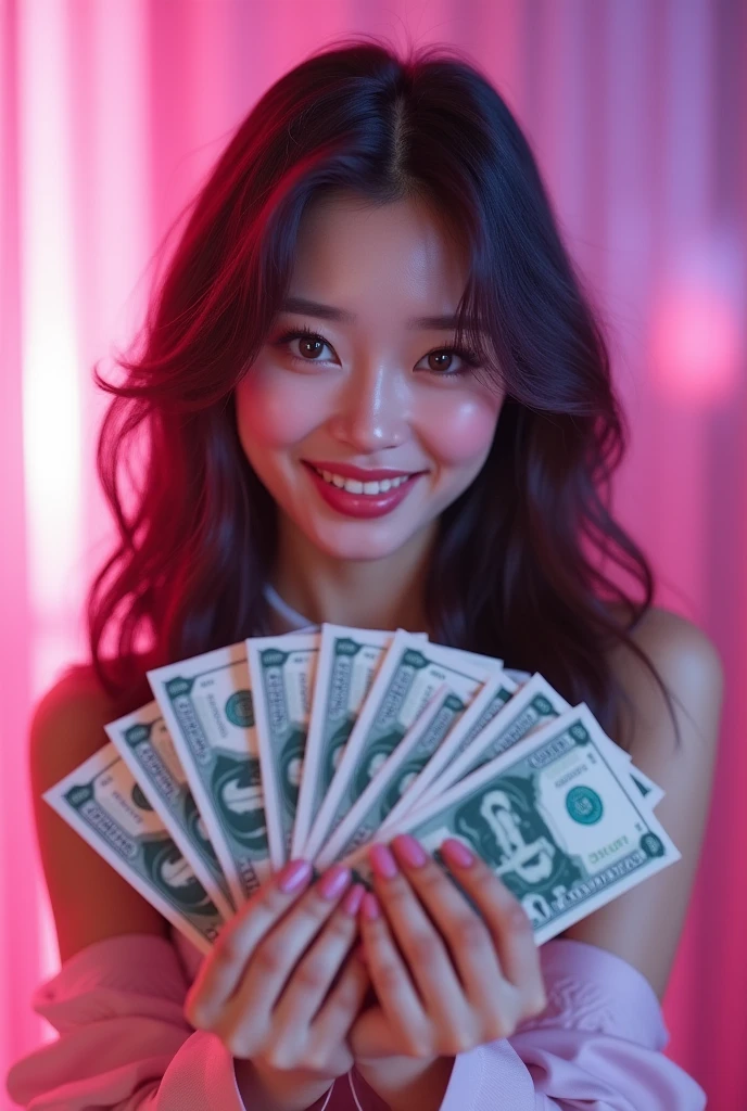Kpop actor lalalisa showing money with cute face , pink and purple ...