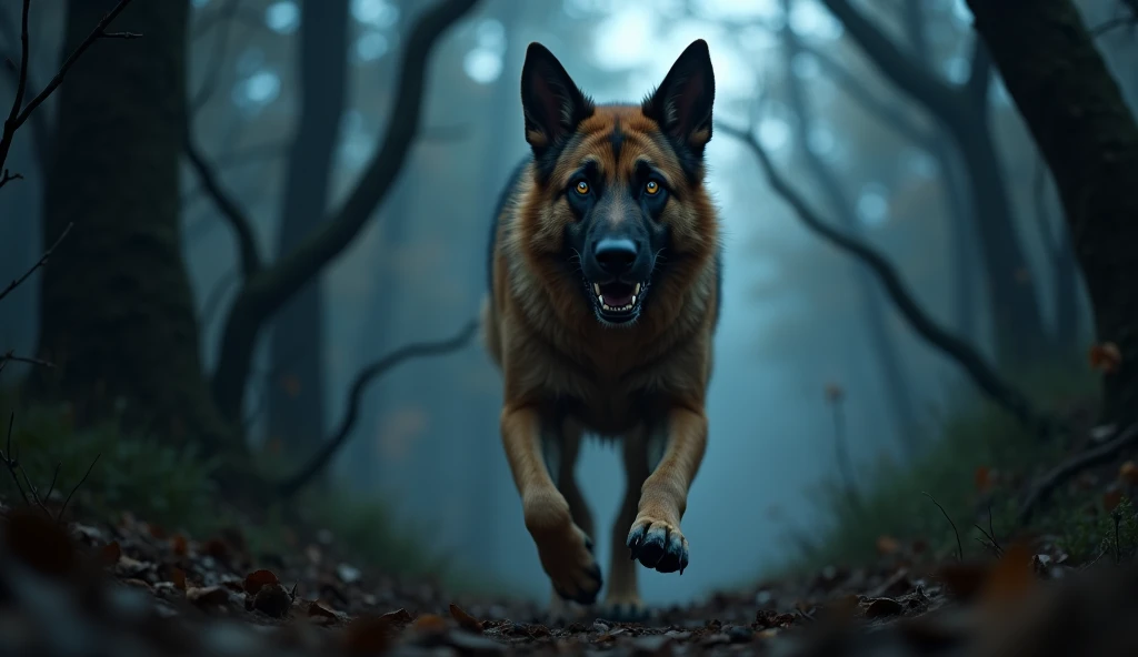A German Shepherd with fear and determination in the dark forest on a ...