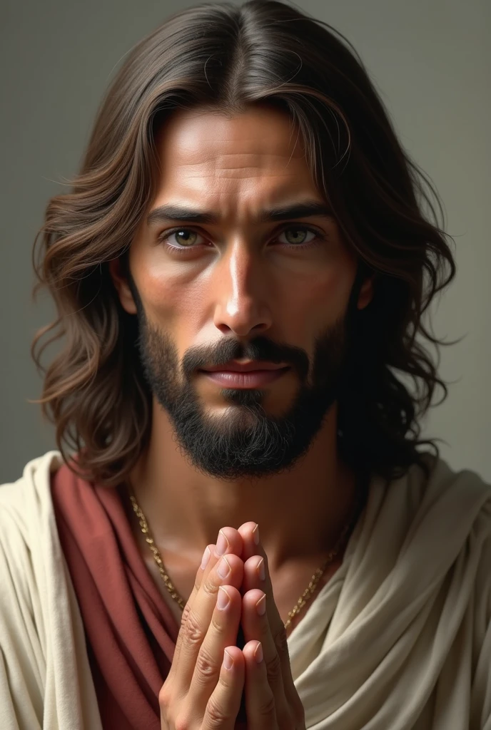 Make Jesus realistic, looking straight at the camera. He is praying ...
