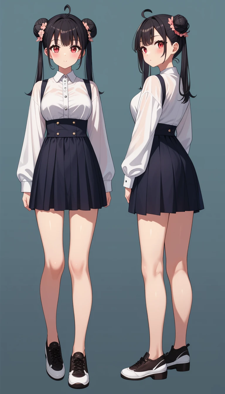 Anime girl, red eyes, short black dress, long black hair in twintails ...