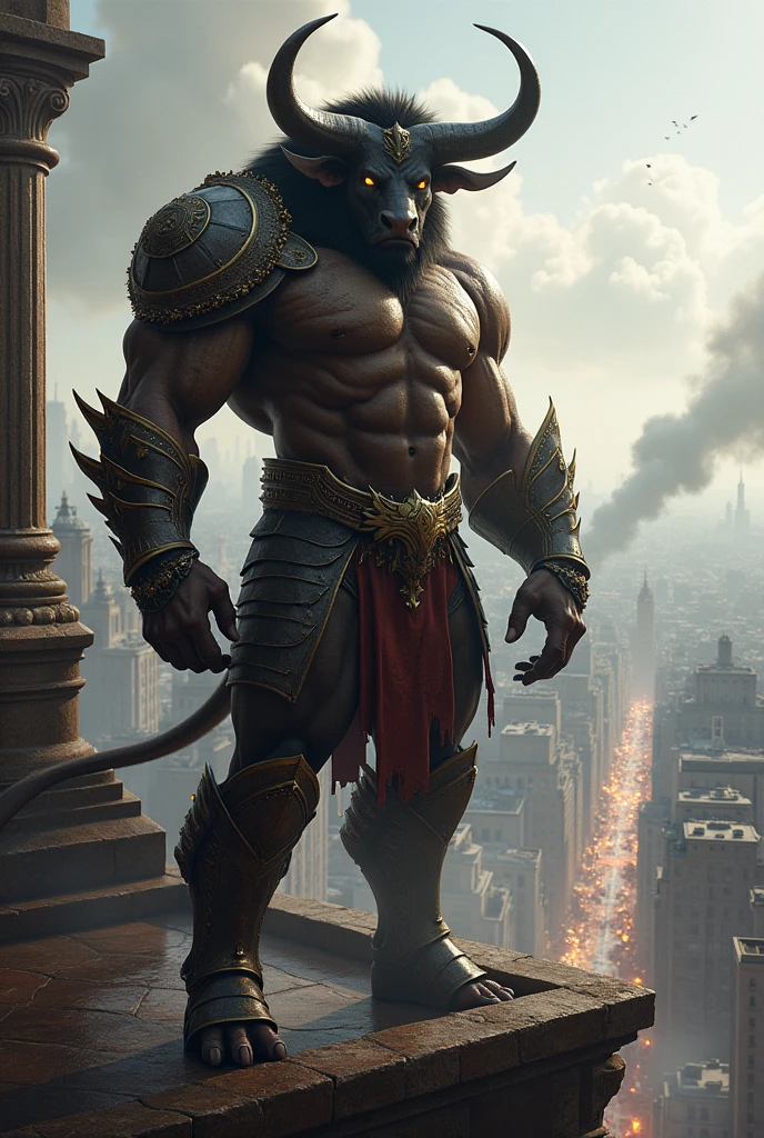 War minotaur from a balcony overlooking the city - SeaArt AI