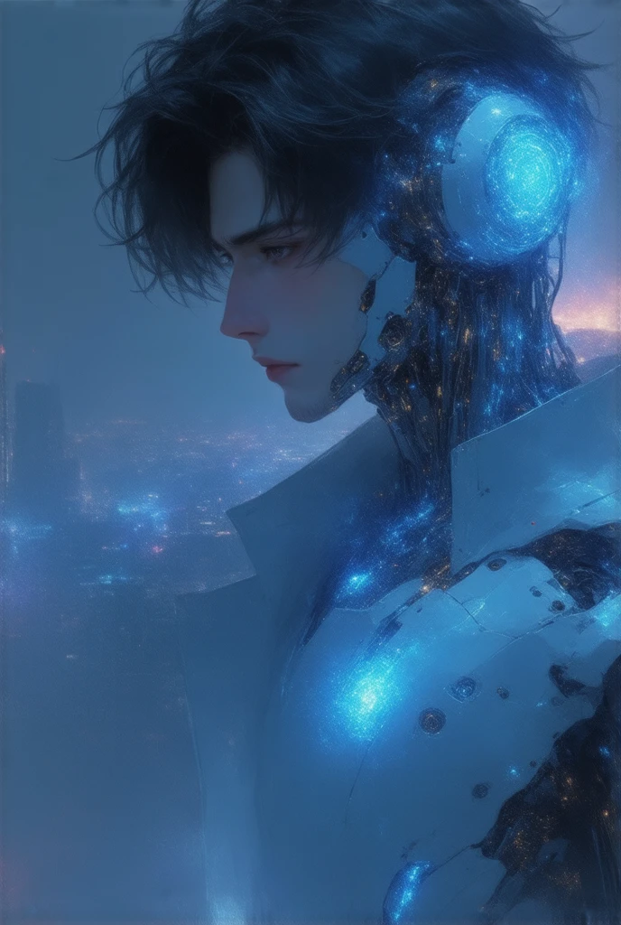 young Japanese man and robot close-up, digital cyberpunk - anime art ...