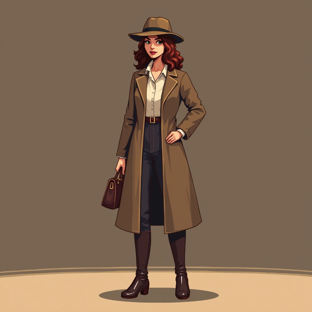 "Create a 2D pixel art image of a female detective inspired by actress ...