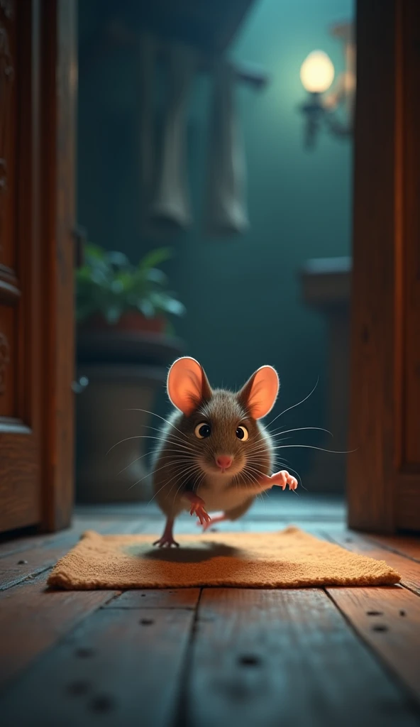 An adult mouse running fast across the floor of a dark-toned house ...