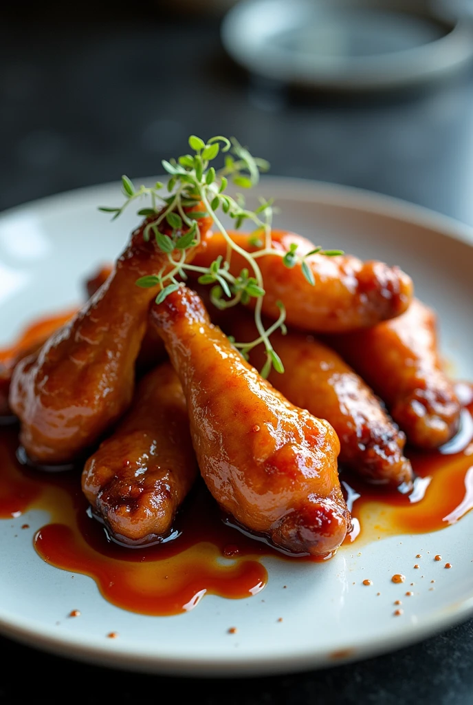 Create a juicy futuristic dish of Alitas barbiquiu necro-molecular ...
