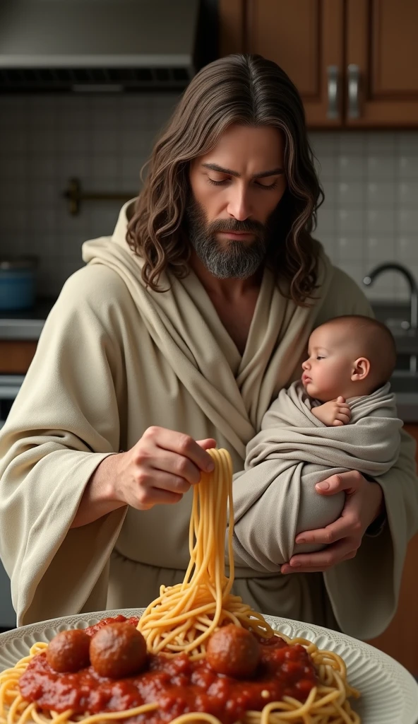 Jesus and baby in clothes eating spaghetti with sauce and meatballs in ...