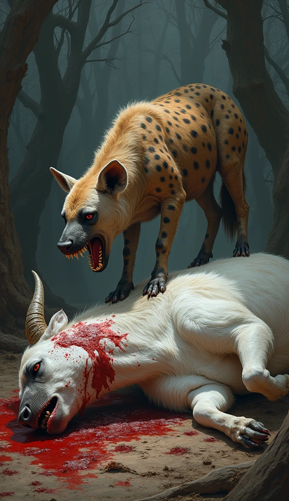 A dead white yak blood neck injury laying on the ground and a ...