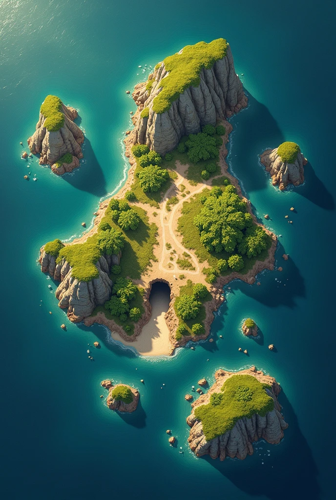 map viewed from above of a huge central island with three separate ...