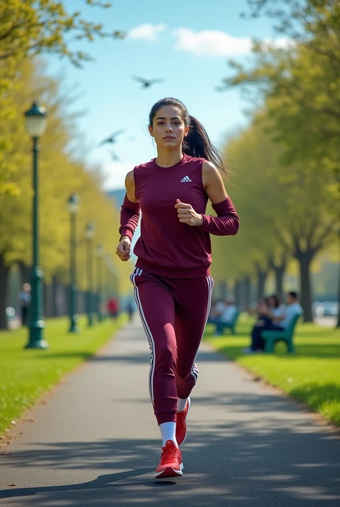 A young woman about 25-30 years old is jogging in a crowded city park ...