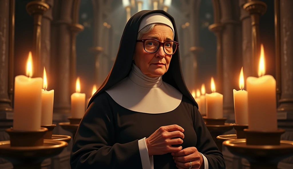 Sister Lúcia , a realistic 60-year-old human woman , with calm features ...