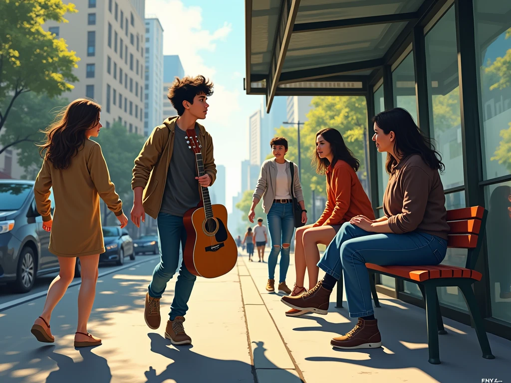 A guy rushing to the bus stop with a guitar in his hand where two women ...