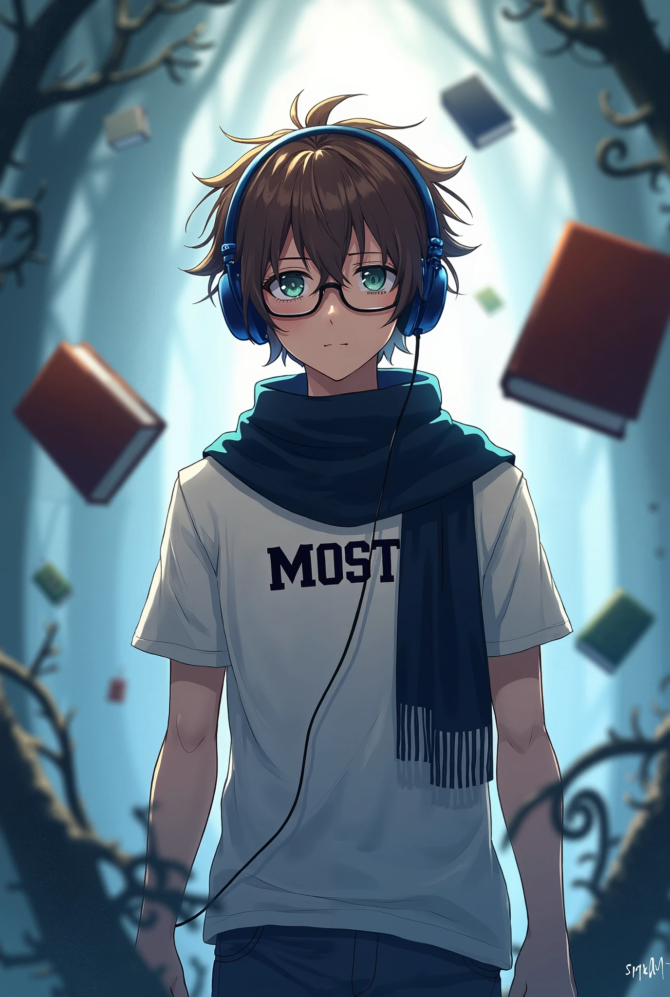 Anime boy with headphones and scarf standing in front of a tree - SeaArt AI