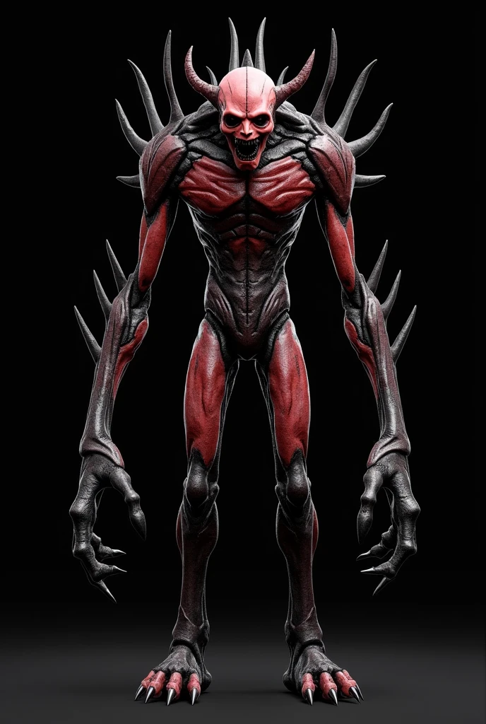 Scary red and thin metallic humanoid monster of dark grayish red color ...