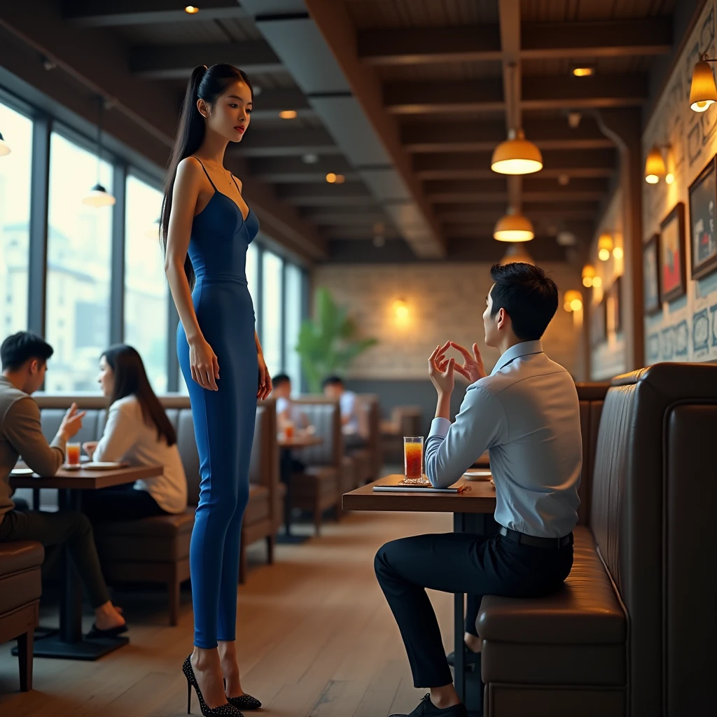 A giant tall Chinese woman with a perfect, slender figure and golden ...