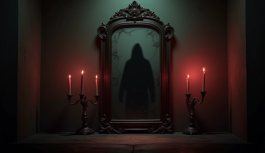 "Create an ultra-realistic image of a dark, eerie room with an antique ...
