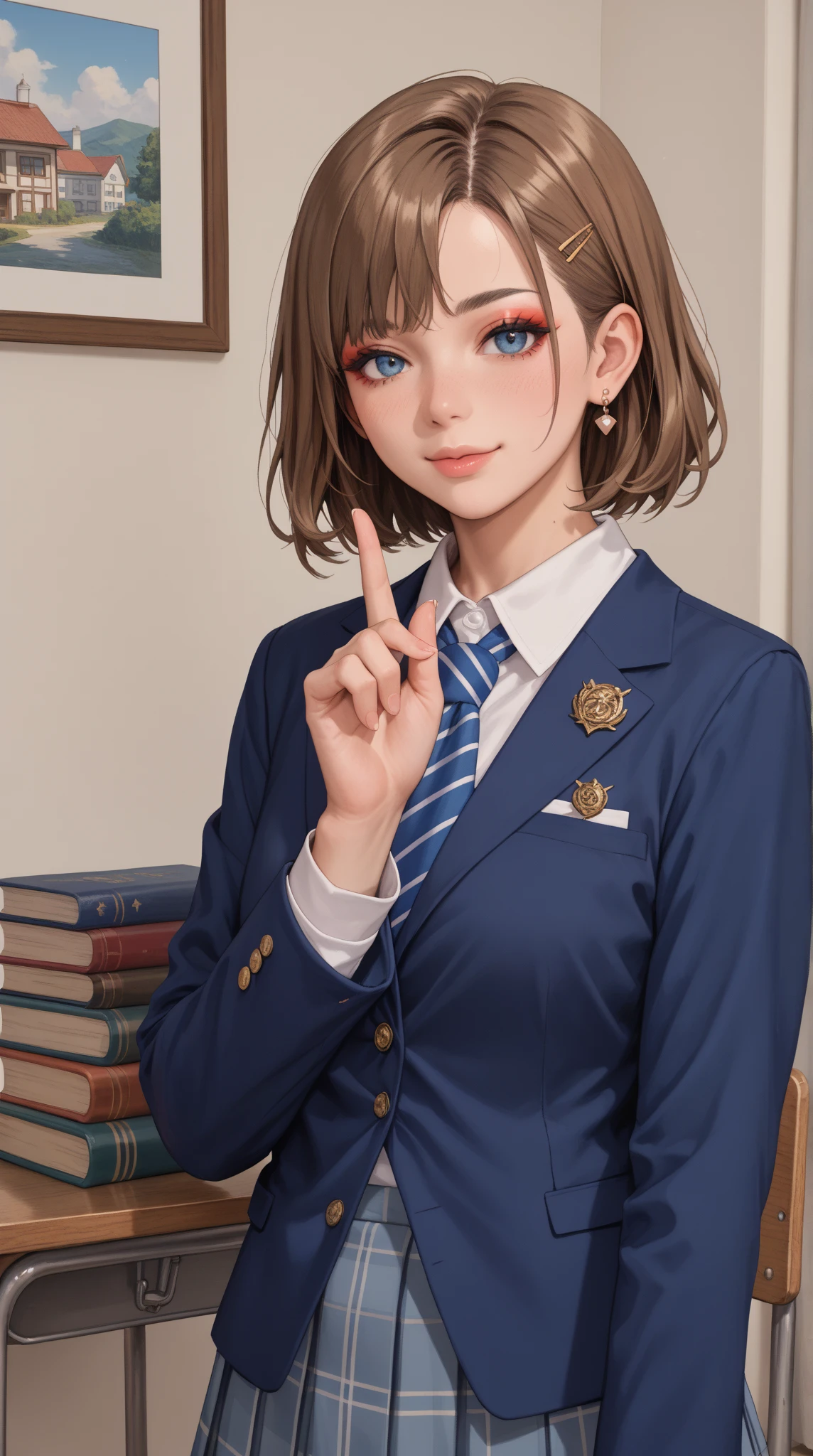 Young woman, sincere and gentle expression, student figure, wearing a ...