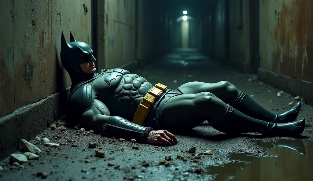 Batman lying on the ground with mud in an alley - SeaArt AI
