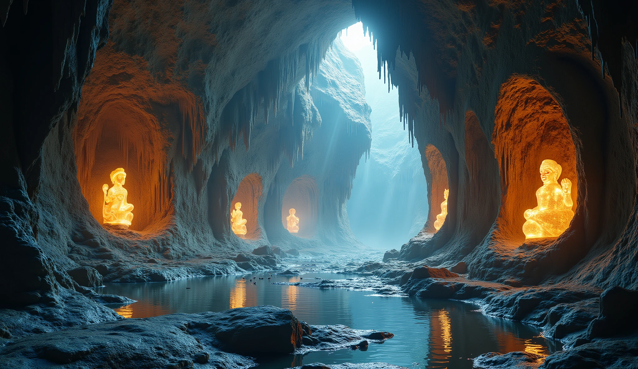 There is a cave with a stream running through it - SeaArt AI