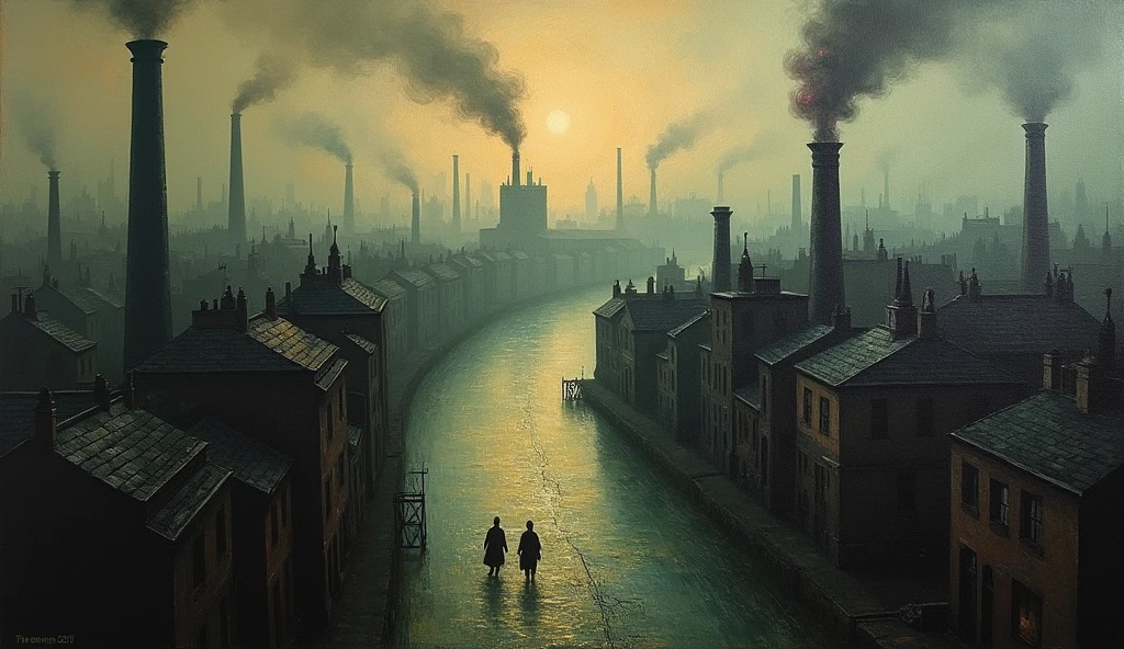 An impressionist-style oil painting of the 1850s British cityscape ...