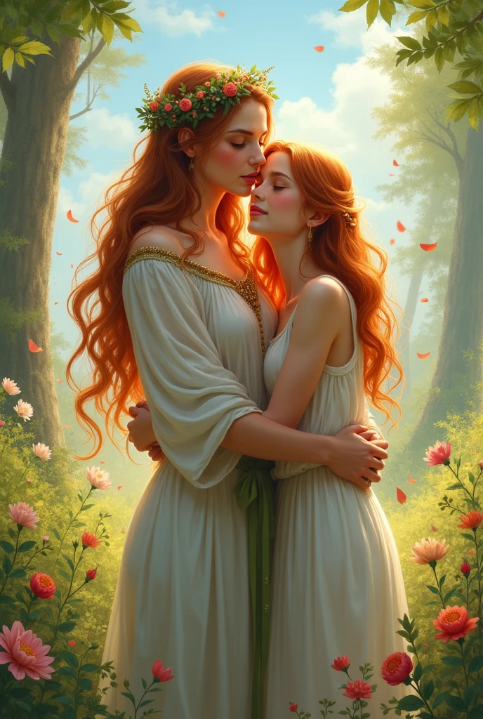 A final image of Demeter and Persephone(with red hair) reunited - SeaArt AI