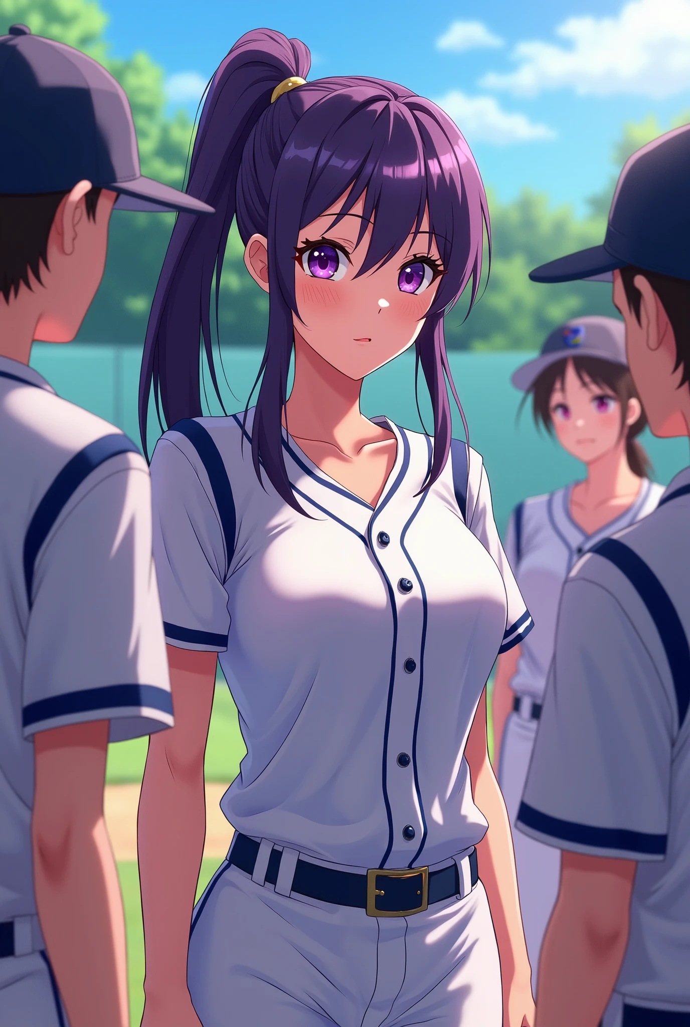 Anime baseball players standing in a line with their backs to the ...