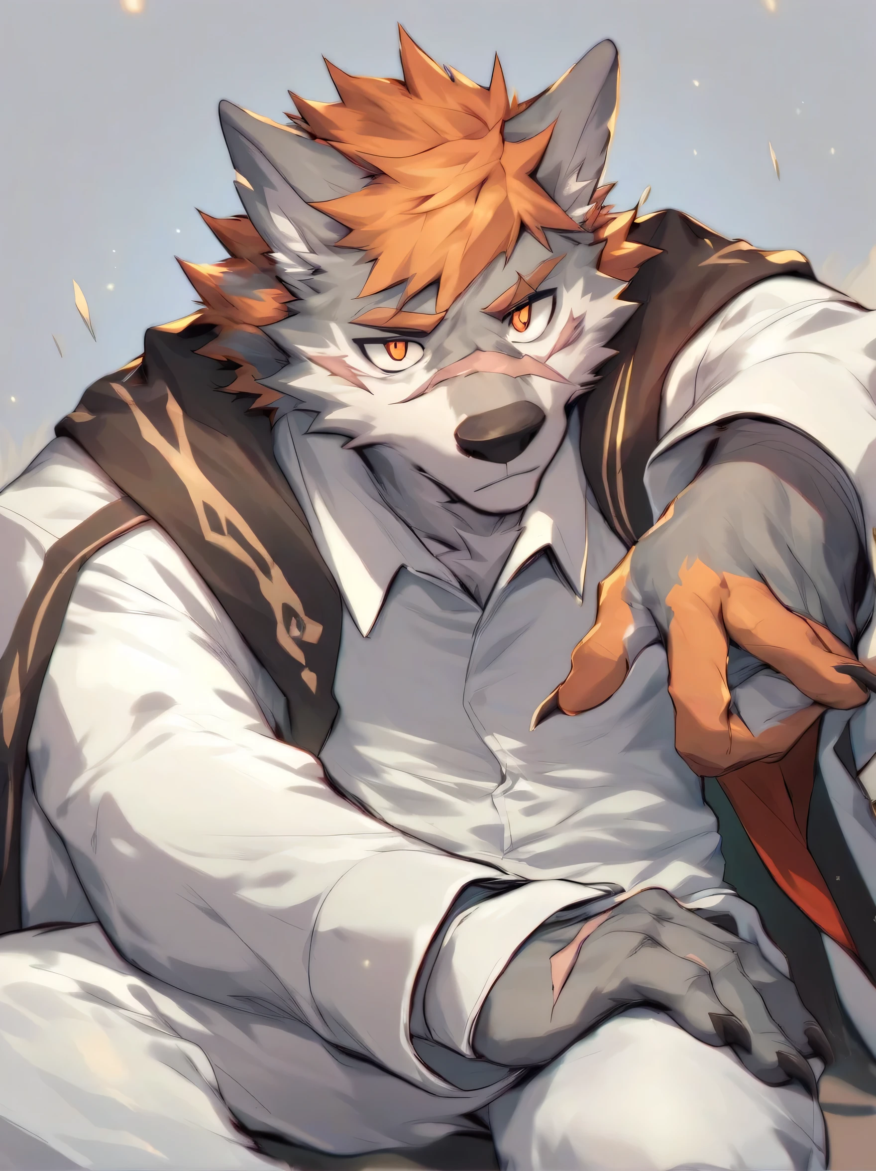 Anime - style image of a man with a furry face and a white shirt ...