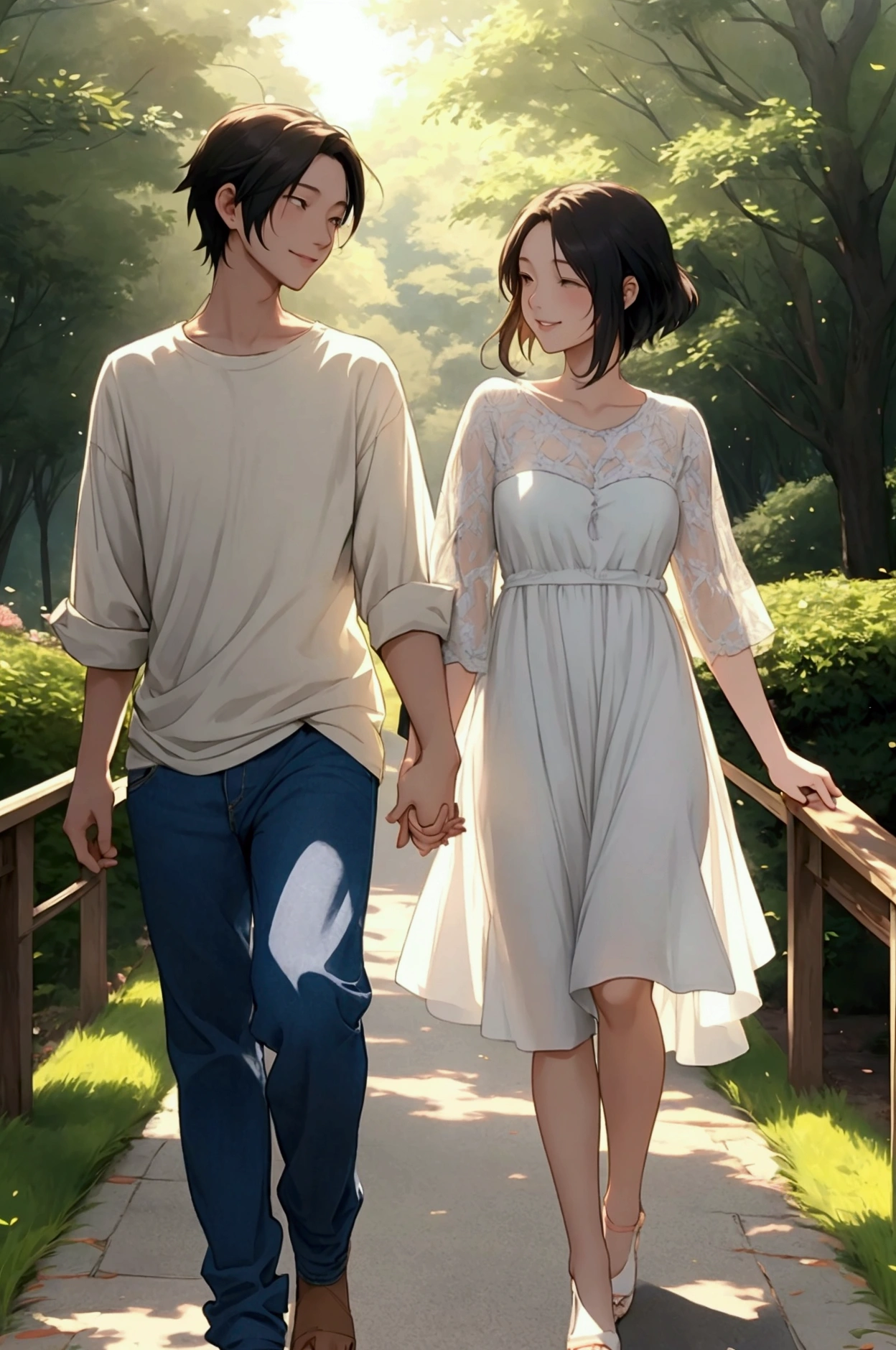 An anime-style couple walking together in a sunlit garden, holding ...