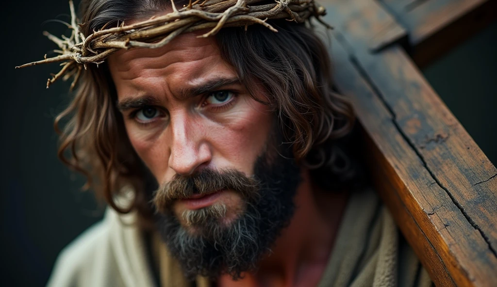 The ultra-realistic photo shows a close-up of a man with long hair and ...