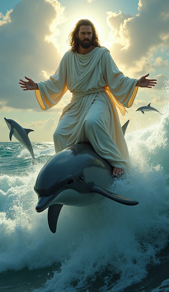 Jesus in white angry riding on the back of a dolphin, on the waves ...
