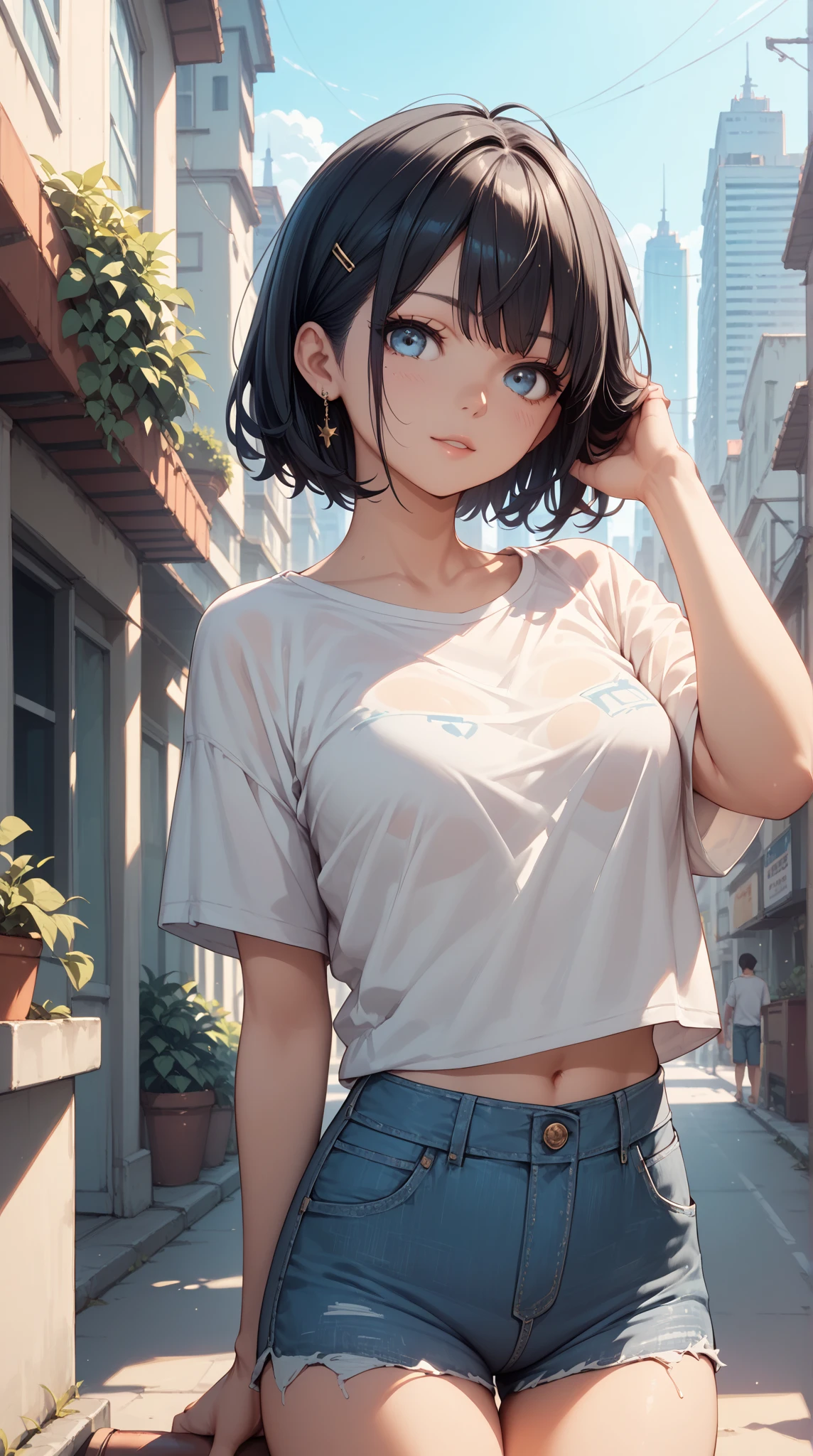1girl, short black hair, blue eyes, wearing plain white shirt - SeaArt AI