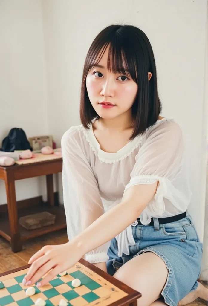 Shogi ,Shogi board, is sitting with her knees bent, A woman pointing to ...