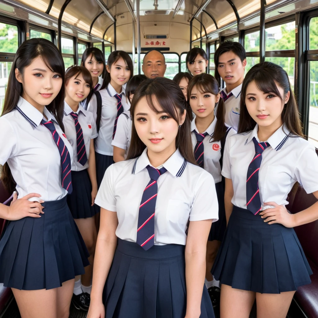 A group of beautiful Japanese studentgirl with muscular bodybuilder in ...