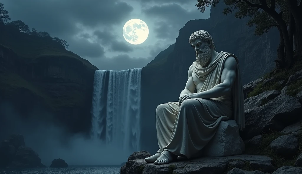 /imagine prompt: A marble statue of a philosopher sitting thoughtfully ...