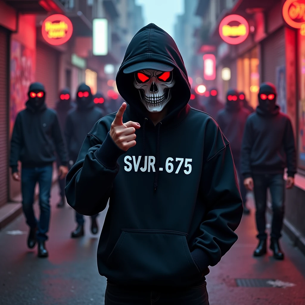 彼は夕暮れのビーチのココナッツ砂漠に立っている黒い帽子のパーカーシャツを着た若者 , 頭蓋骨 , ブラックジーンズ, 落書きだらけの通りに立っ ...