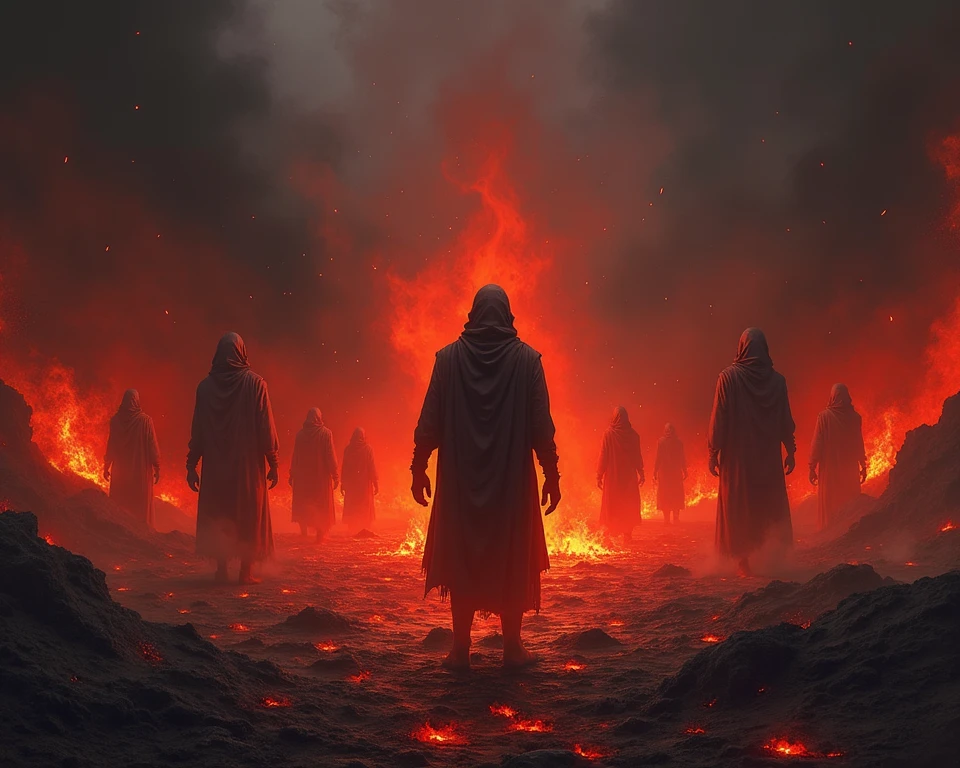 "Illustrate a somber, desolate scene within Jahannam where figures ...
