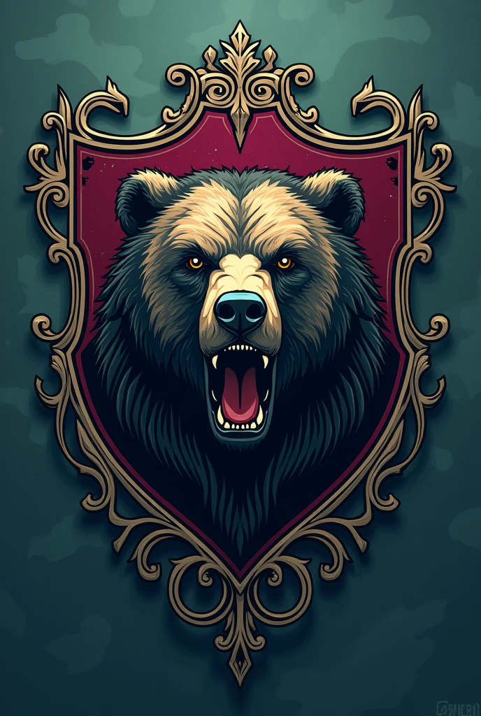Mobster crest with bear motif. The colors are teal, camo green - SeaArt AI