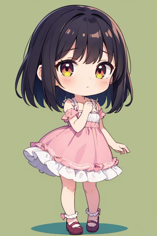 1girl, pink dress,black hair,brown eye,medium hair,chibi,standing ...